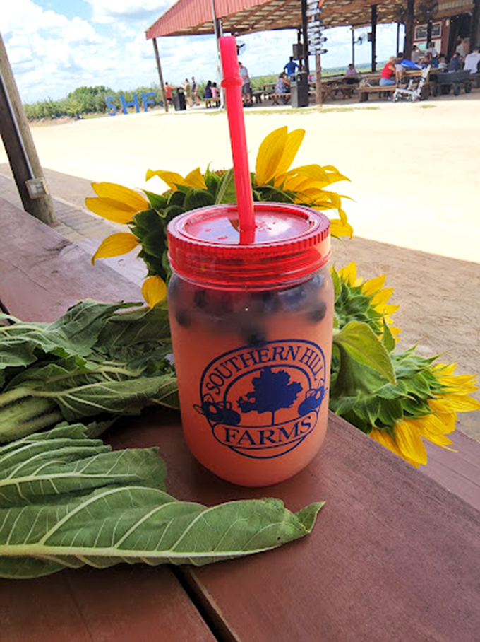 Their legendary blueberry lemonade, served in a mason jar and paired with sunflowers&mdash;Florida's answer to champagne and roses.