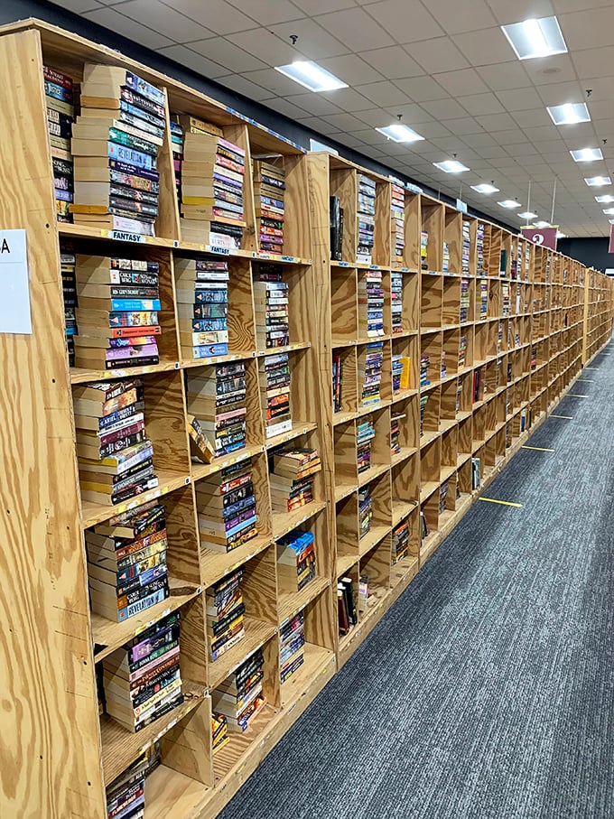 Fantasy novels stacked with military precision &ndash; George R.R. Martin rubbing spines with Brandon Sanderson in this magical neighborhood.