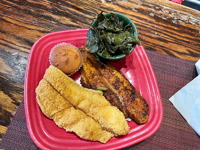 The Noah's Ark of soul food&mdash;one fish fried, one fish grilled, proving Mama J's mastery extends beyond the deep fryer.