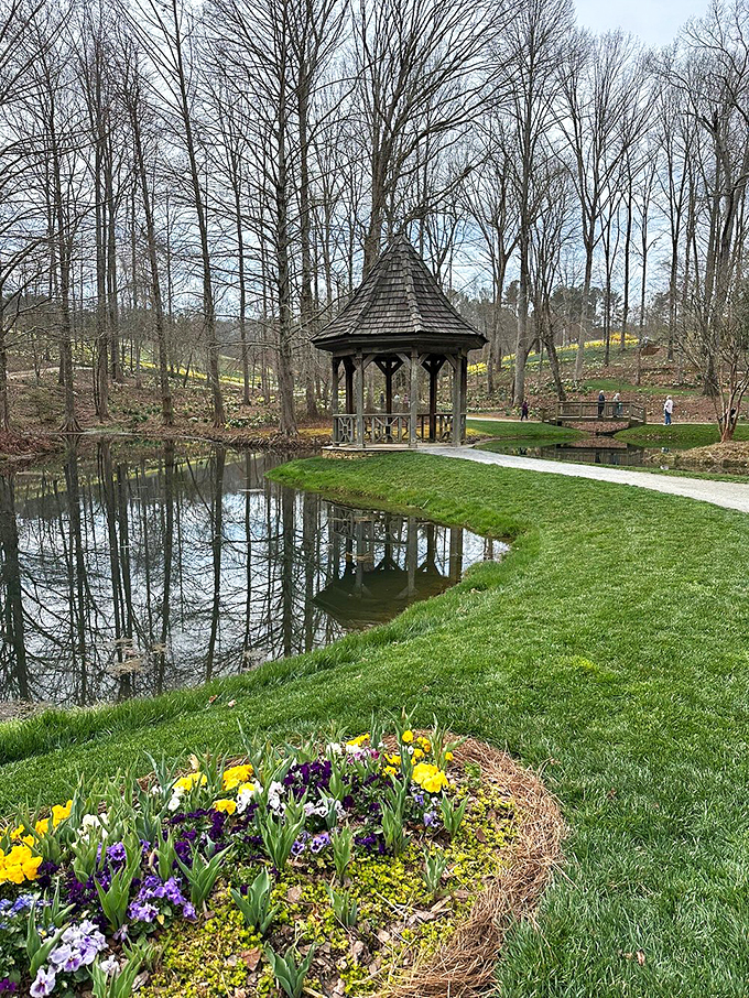 Winter's bare branches create a perfect frame for this charming gazebo, while early spring flowers hint at the colorful explosion to come.