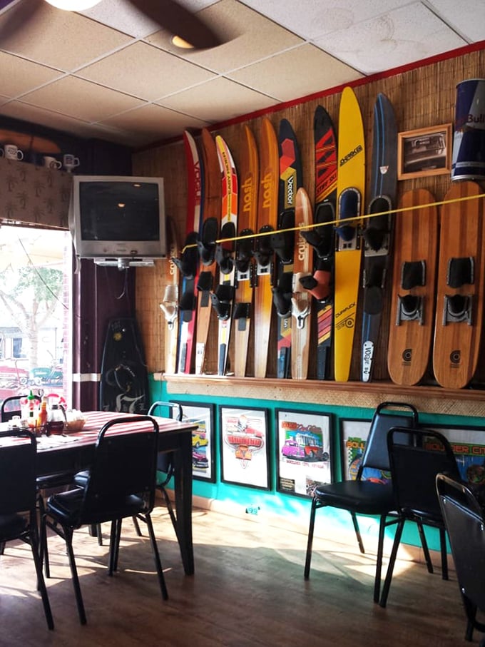 Water skis on the wall and license plates on display&mdash;this isn't decoration, it's conversation waiting to happen.