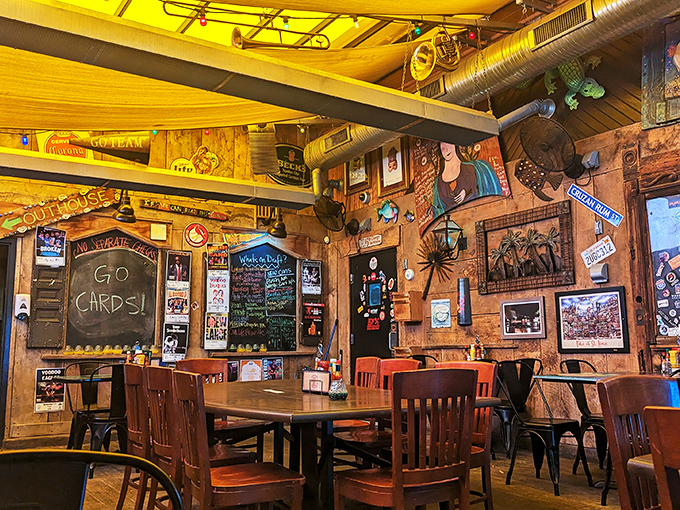 Every inch of wall and ceiling space tells a story – from Mardi Gras beads to local memorabilia, creating an atmosphere as rich as the gumbo.