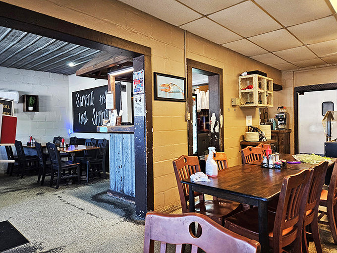 The chalkboard proudly announces "Serving Local Shrimp"&mdash;four words that make all the difference between a good meal and a memorable one.