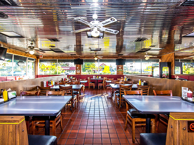 The terra cotta floor tiles have witnessed countless food epiphanies. This dining room has the comfortable familiarity of your favorite uncle's basement.