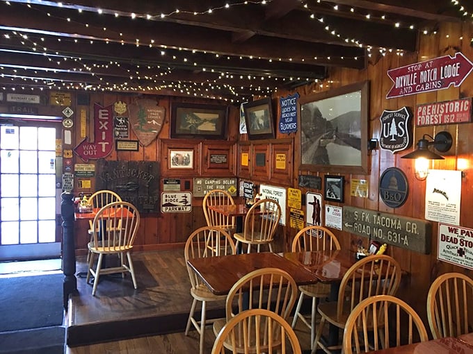 Every inch of wall space tells a story, from national park signs to vintage advertisements. It's like dining inside a particularly delicious museum.