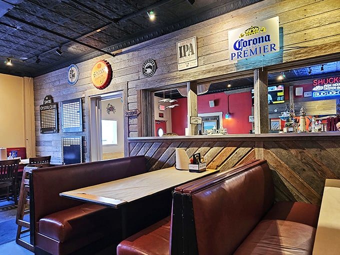 Rustic wood paneling, leather booths, and beer signs create that perfect "come as you are" vibe where both date nights and casual lunches feel equally at home.