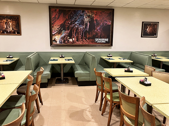 Shenandoah Caverns photos watch over diners from mint green booths&mdash;local pride decorating walls where countless meals have created countless memories.