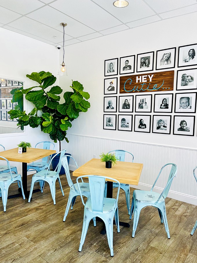 The wall says "Hey Cutie" but the fiddle leaf fig and photo gallery are saying "Stay awhile, we've got stories and cheesecake."