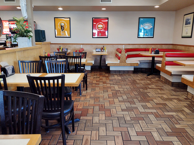 The herringbone brick floor has witnessed decades of satisfied customers, each brick a chapter in Big Jim's delicious history. 