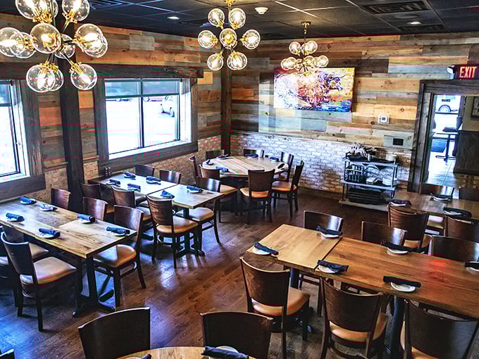 Reclaimed wood walls and globe lighting create an atmosphere that says "yes, we're serious about food, but we don't take ourselves too seriously."