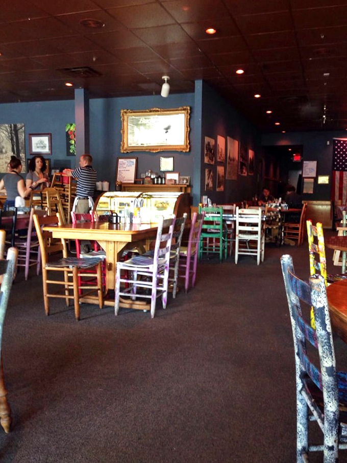 Colorful chairs pop against blue walls in this dining room where strangers become neighbors. The kind of place where calories don't count and conversations flow freely.