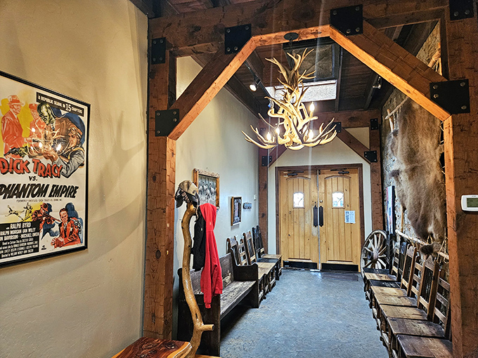 The entrance hallway feels like walking into a Western film set, complete with antler chandeliers and rustic wood&mdash;a cinematic prelude to the meaty drama ahead.