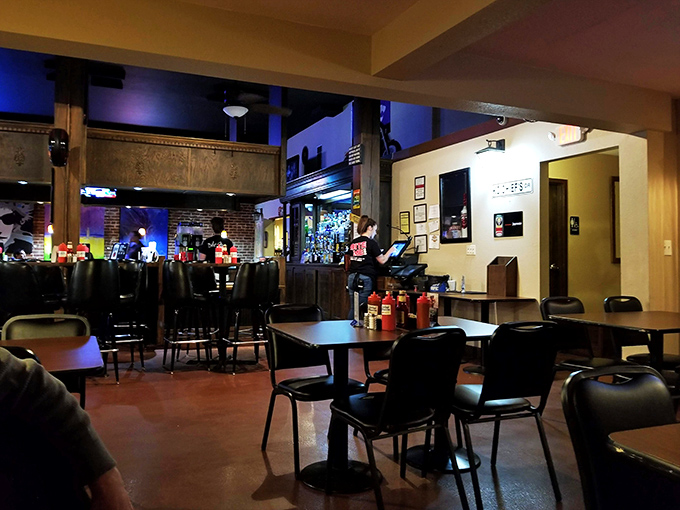 The dining room balances rustic charm with modern comfort, like your cool uncle's place who always has the best stories.