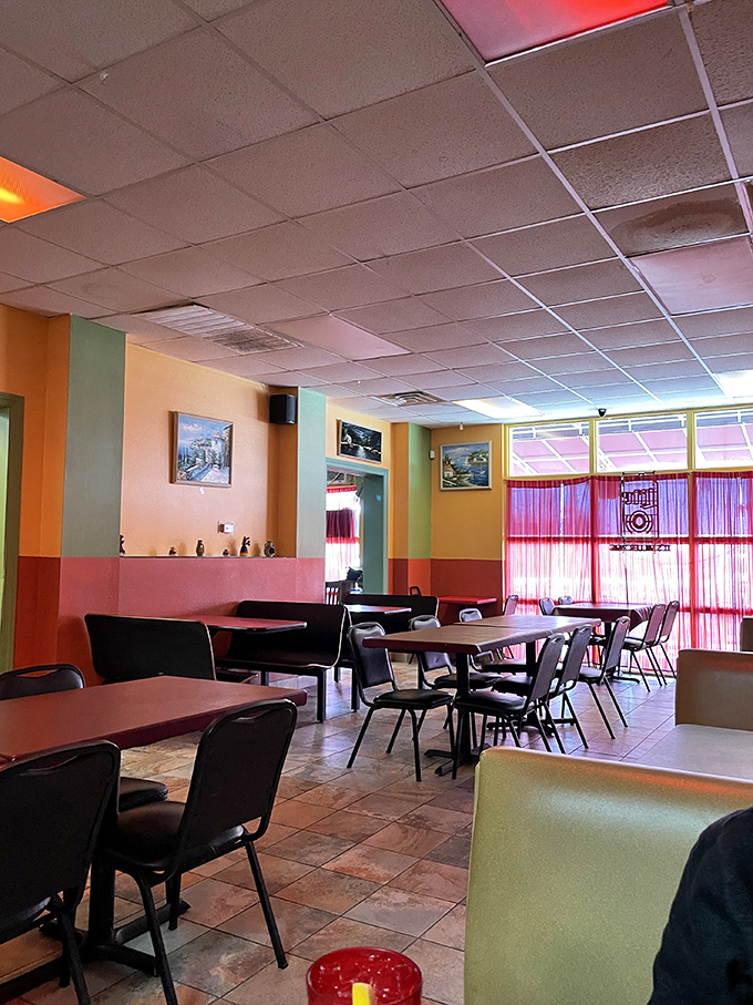 The dining room feels like a colorful embrace, with those sheer curtains filtering sunlight into a warm glow that makes everyone look like they're in a food commercial.