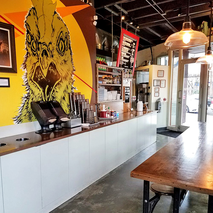 The counter where dreams come true. That chicken mural isn't just decoration &ndash; it's a warning of the flavor explosion that awaits.