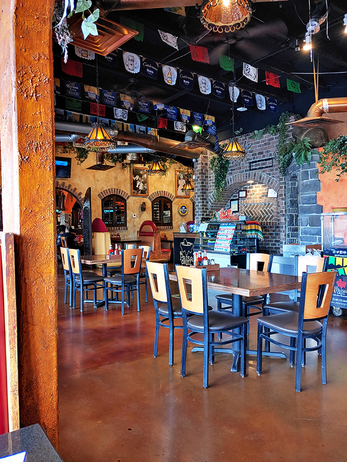 The dining room feels like it was transported brick by brick from central Mexico, with colorful banners overhead celebrating every day as a fiesta.