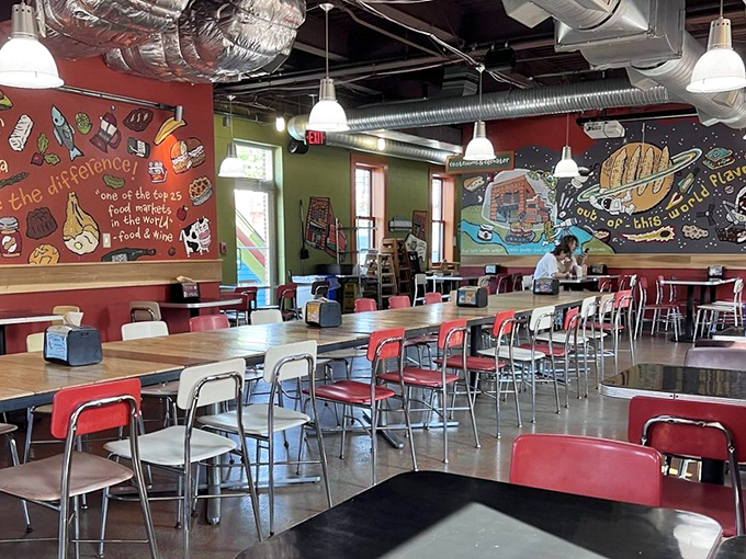 The colorful murals and retro chairs create a space that feels both nostalgic and current, like comfort food with a PhD.
