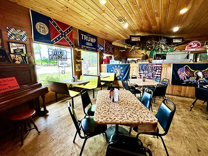 Every inch of wall space tells a story in this dining room. The old piano suggests that at Cedar Lane, dinner might occasionally come with a side of music.