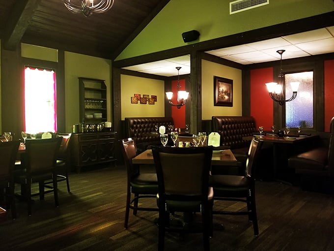 Rich leather booths, warm lighting, and colors that say "important conversations happen here"&mdash;the dining room equivalent of a firm handshake.