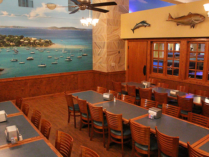 A dining room where conversations flow as easily as the sweet tea, with coastal murals that transport you seaside without the sunburn.