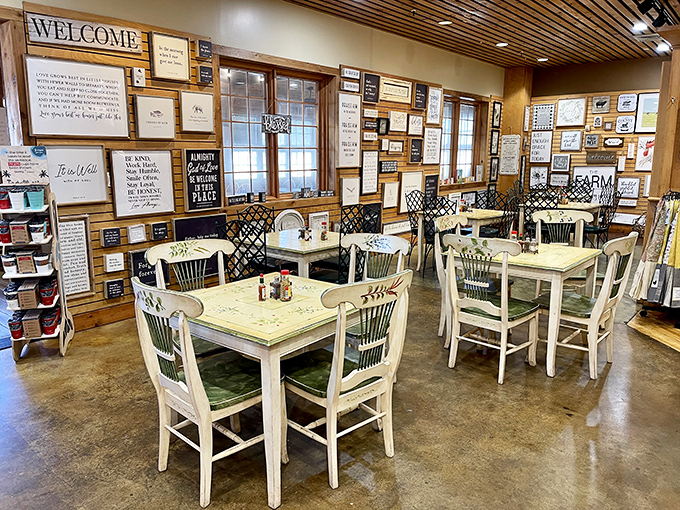 Every inspirational sign tells a story, creating an atmosphere that's part country store, part motivational seminar, all comfort.