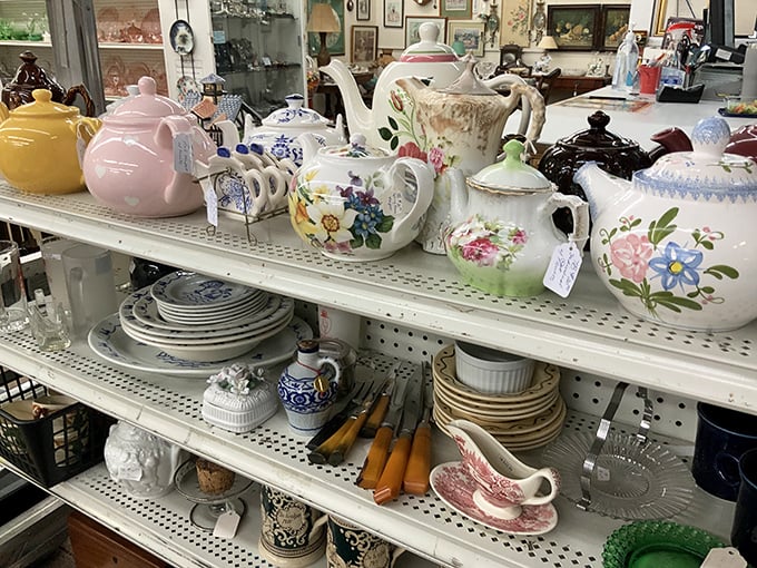 Teapot battalion standing at attention! Each one ready to serve up a proper cuppa with a side of "remember when?"