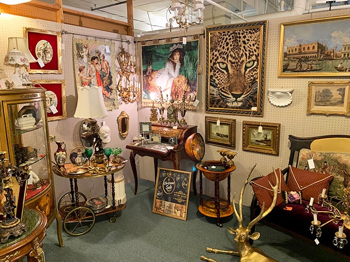 Art from every era creates a gallery wall that would make museum curators jealous. That leopard has seen things, my friends.