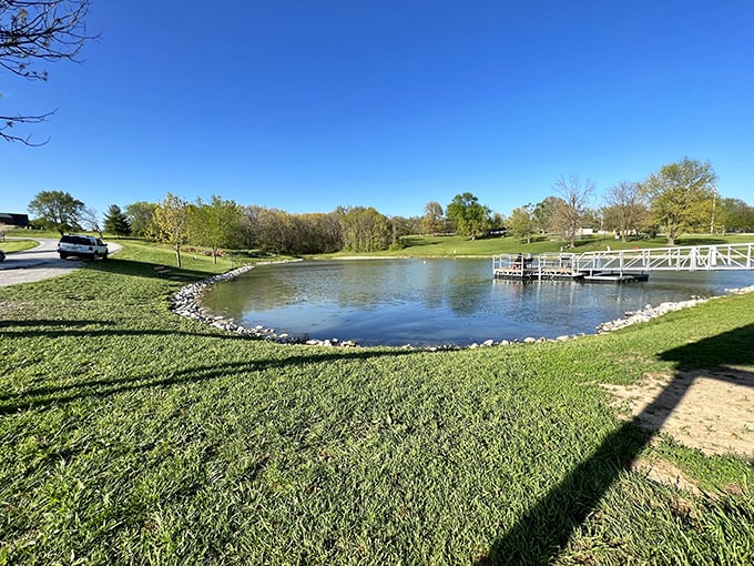 This serene park pond reflects blue skies and green shores&mdash;a welcome respite for visitors who've spent the day following in Tom and Huck's footsteps.