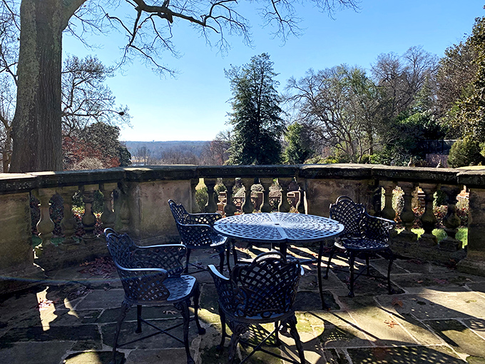 Morning coffee with a side of history&mdash;this terrace offers James River views that haven't changed much since the Weddells' time.