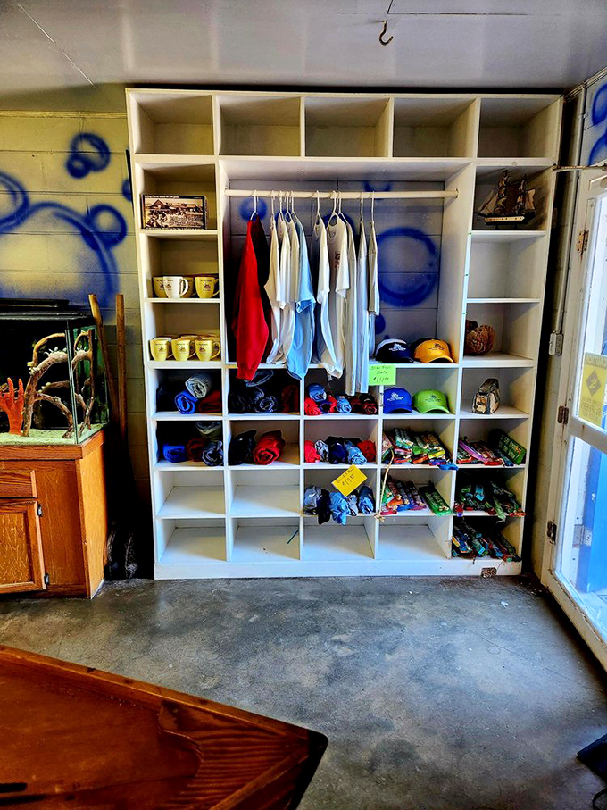 The merchandise wall: where you can take home a t-shirt because your stomach can only hold so much seafood.