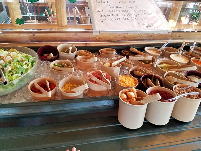 This salad bar isn't playing around. With dozens of fresh toppings in neat containers, it's like an artist's palette for the hungry.