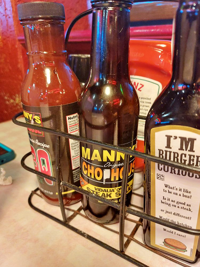 The condiment caddy: where hot sauce philosophies and burger existentialism meet to enhance your already perfect meat.