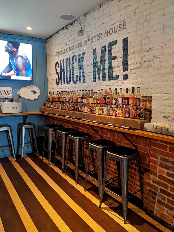 "SHUCK ME!" commands the white brick wall, and who are we to argue with such delicious authority?