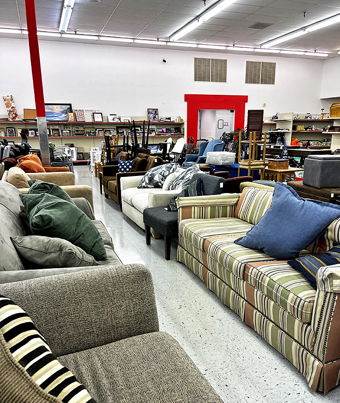 The sofa section resembles a living room convention, where mid-century modern mingles with overstuffed comfort from the '90s.
