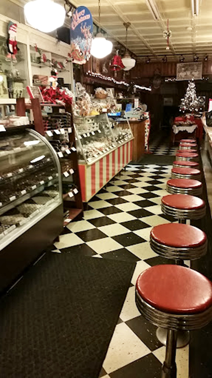 A row of perfectly preserved counter stools, each one silently calling your name like sirens of sweetness.