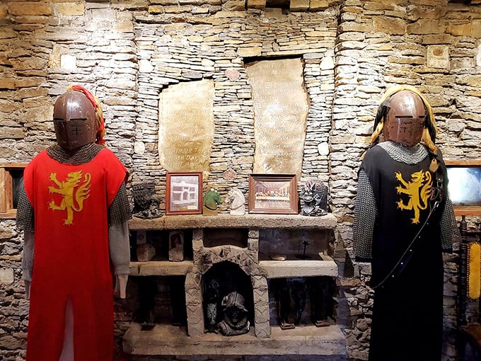 These colorful knights stand eternal guard over the castle's treasures. The detailed craftsmanship makes you wonder if they might come alive after closing time.