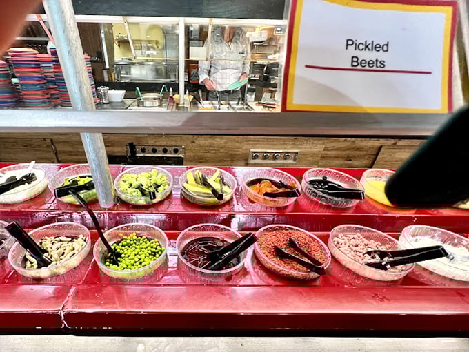 A salad bar that respects vegetables enough to keep them fresh and crisp. Those pickled beets might change your mind about beets forever.