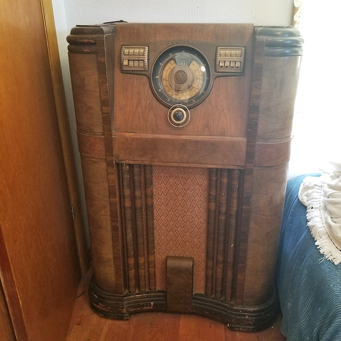 Before Spotify, this wooden console radio brought big band sounds and FDR's fireside chats into Oklahoma living rooms. Still majestic, even in silence.