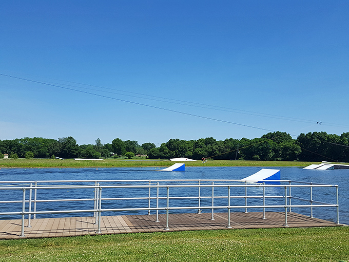 The calm before the action&mdash;Wake Nation's pristine lake and ramps await the day's adventurers under a perfect blue Ohio sky.