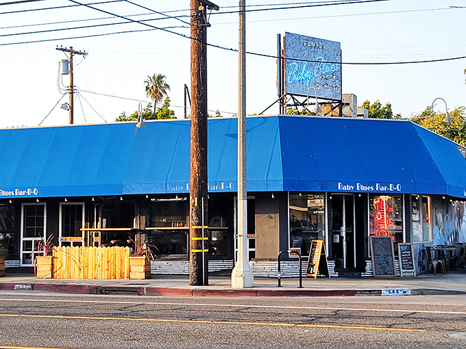  Baby Blues BBQ: That bright blue awning is like a beacon of hope on a busy Venice street &ndash; salvation through smoke awaits inside.