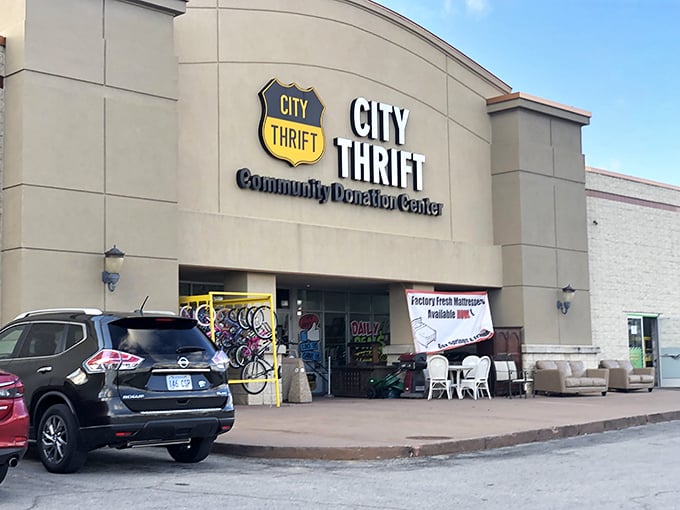 City Thrift's curved facade welcomes shoppers like a mid-century movie theater premiering "Great Finds: The Sequel."
