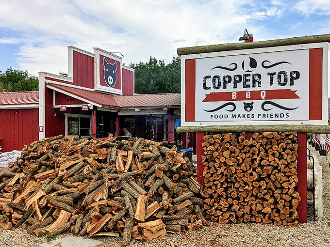 Copper Top's woodpile isn't decoration&mdash;it's the essential fuel for barbecue magic that makes this roadside stop worth the detour.