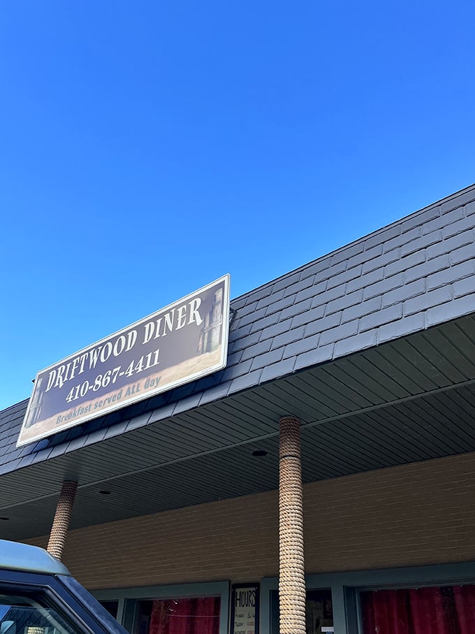 Driftwood Diner's simple sign against the blue sky &ndash; where breakfast is served all day because pancake cravings don't follow clocks.