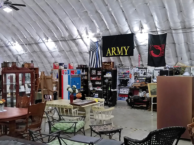 The fairgrounds' covered pavilions offer shade for shoppers and shelter for treasures waiting to be discovered.