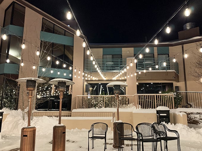 Western View's snow-dusted entrance promises the warm embrace of hearty steaks inside. Winter wonderland meets meat paradise.