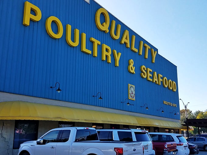 The yellow letters against blue siding aren't just eye-catching&mdash;they're a promise of fresh-from-the-Gulf goodness inside. 