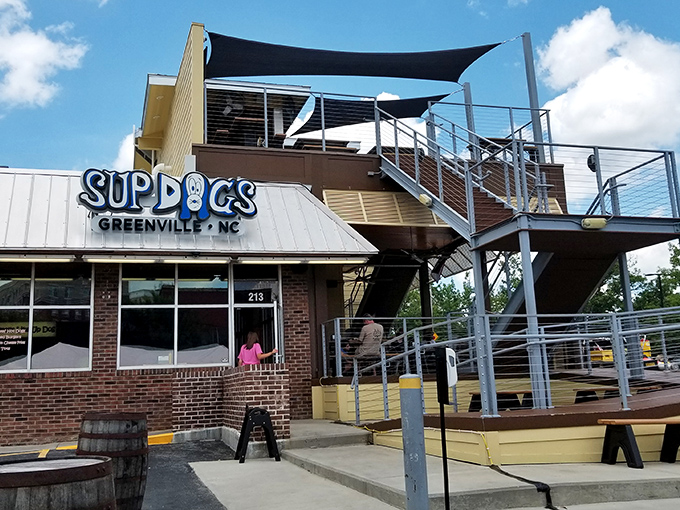 The tiered seating area transforms a simple hot dog meal into a social experience&mdash;like stadium seating for your taste buds.