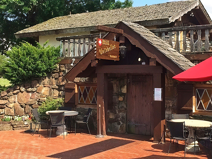 The Swiss chalet of your dreams isn't in the Alps&mdash;it's hiding in Arkansas! This stone-and-timber entrance promises Old World magic behind that wooden door.