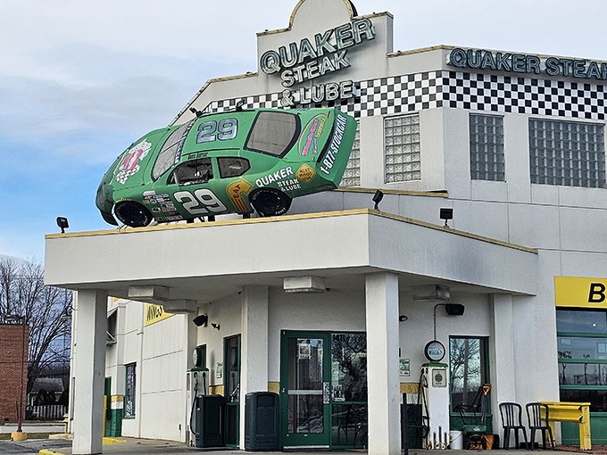 Inside, cars don't just inspire the decor&mdash;they ARE the decor. An entire vehicle suspended from the ceiling turns traditional restaurant design upside down, quite literally.