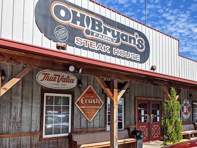 The rustic wooden facade of OH! Bryan's welcomes hungry travelers like an old friend promising good times and better steaks ahead.